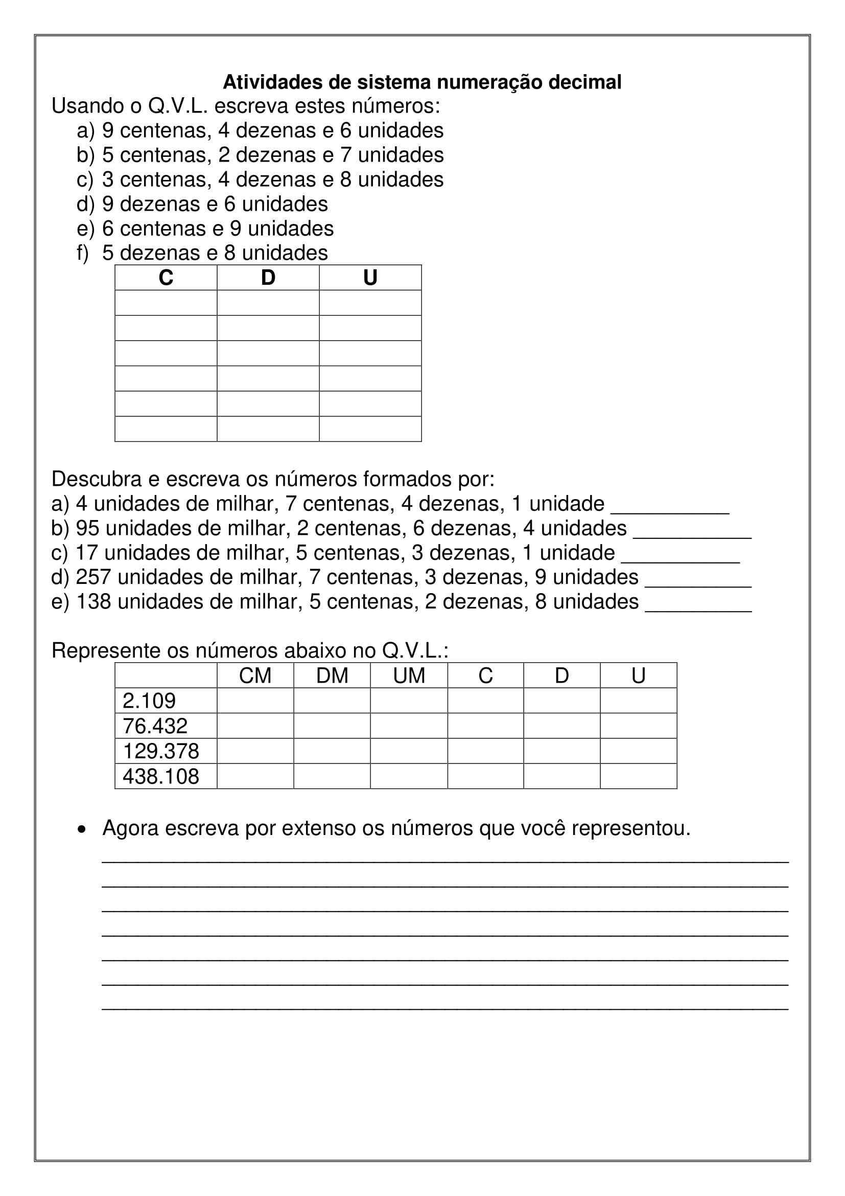 3º e 4º ano - Atividades de matemática - Sistema de numeração decimal ...