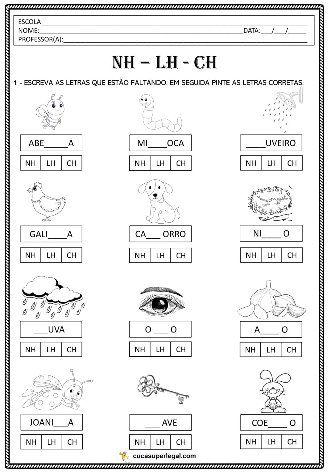 1º ao 5º ano - Atividades de ortografia NH / LH / CH - Prof. Noninha