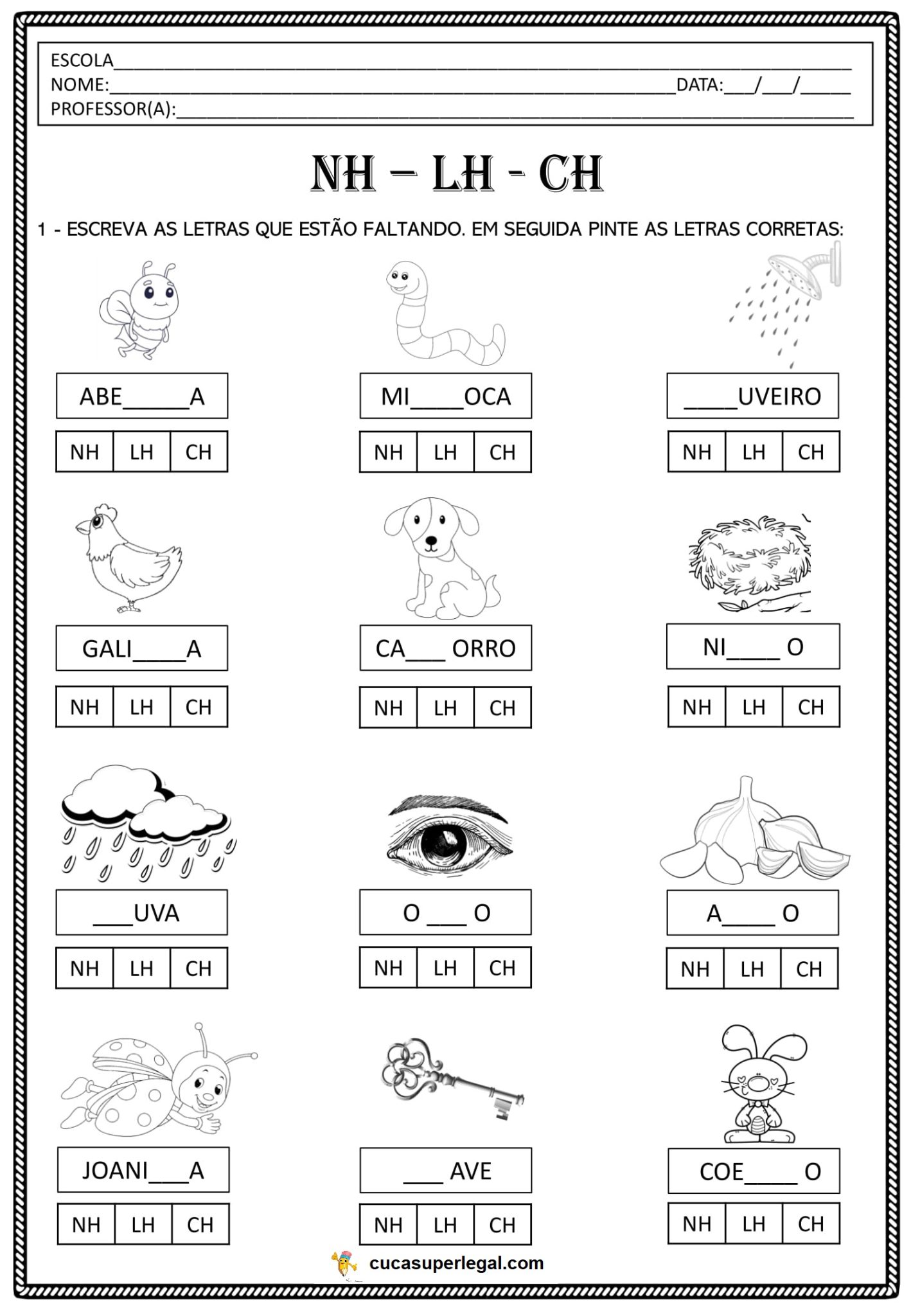 1º ao 5º ano - Atividades de ortografia NH / LH / CH - Prof. Noninha
